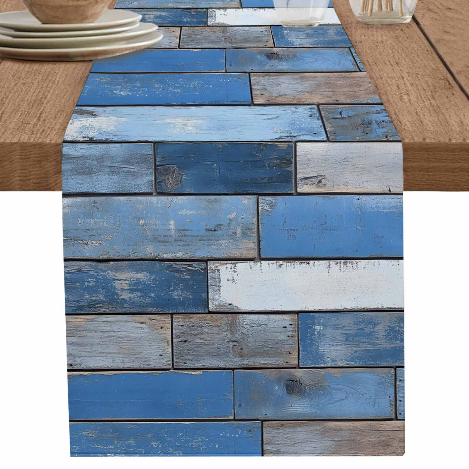 Vintage Blue Wood Grain Table Runner-70 Inch Long Brown Gradient Wooden ...