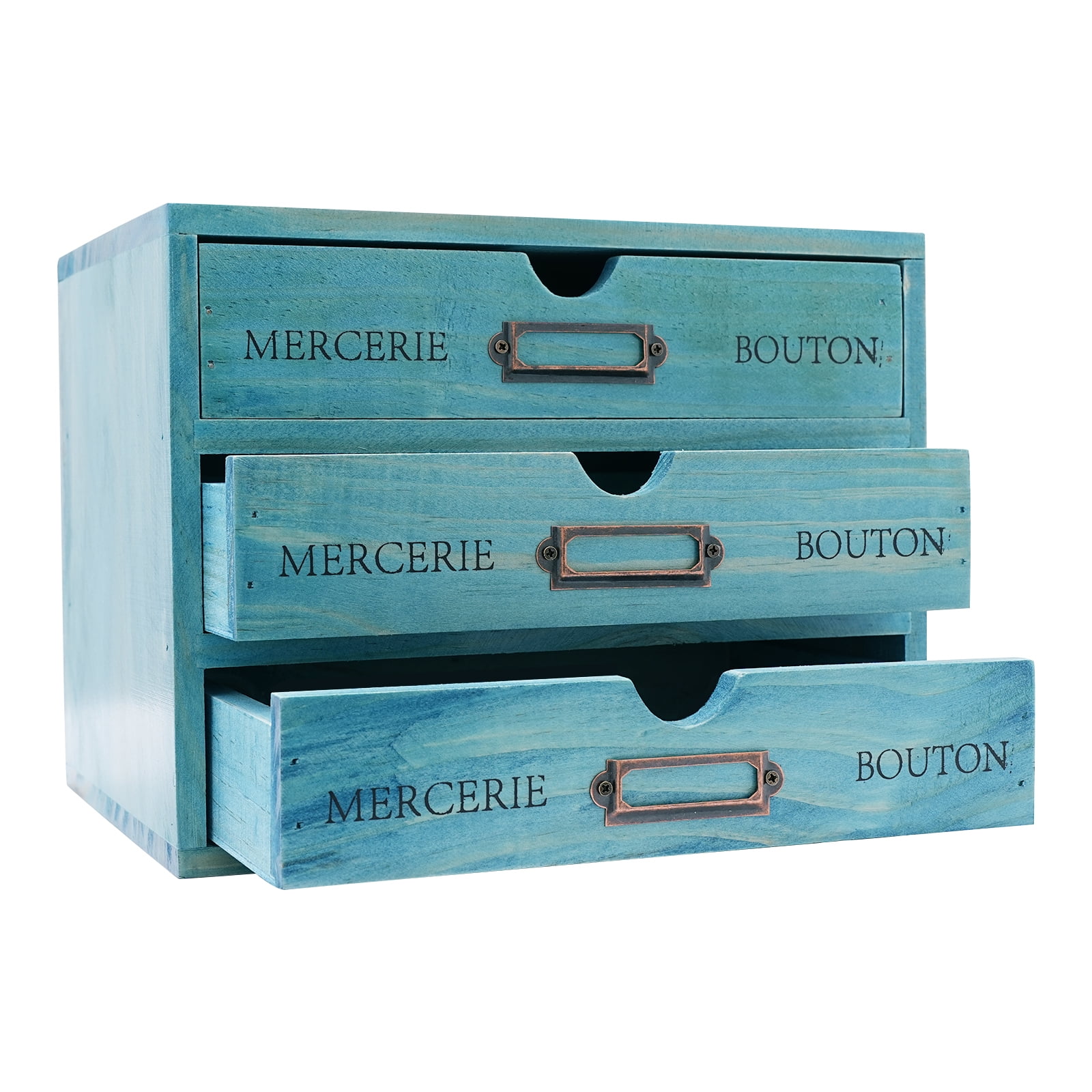 Vintage Blue Wooden Drawer Organizer, 15-Drawer Desktop Storage Unit ...