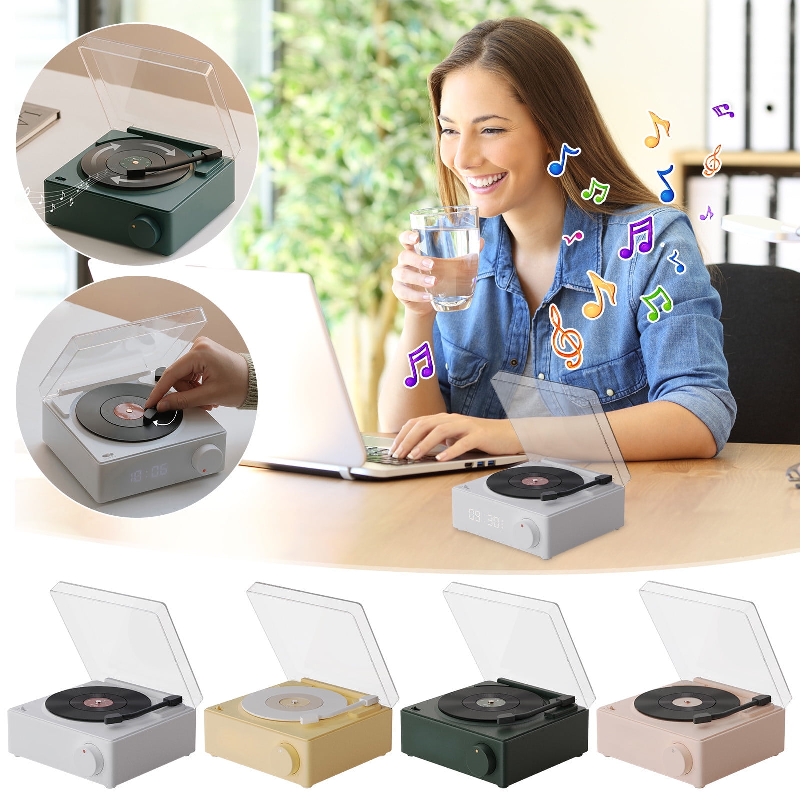 Vintage Bluetooth Alarm Clock, Phonograph Bluetooth Speaker, Black Glue ...