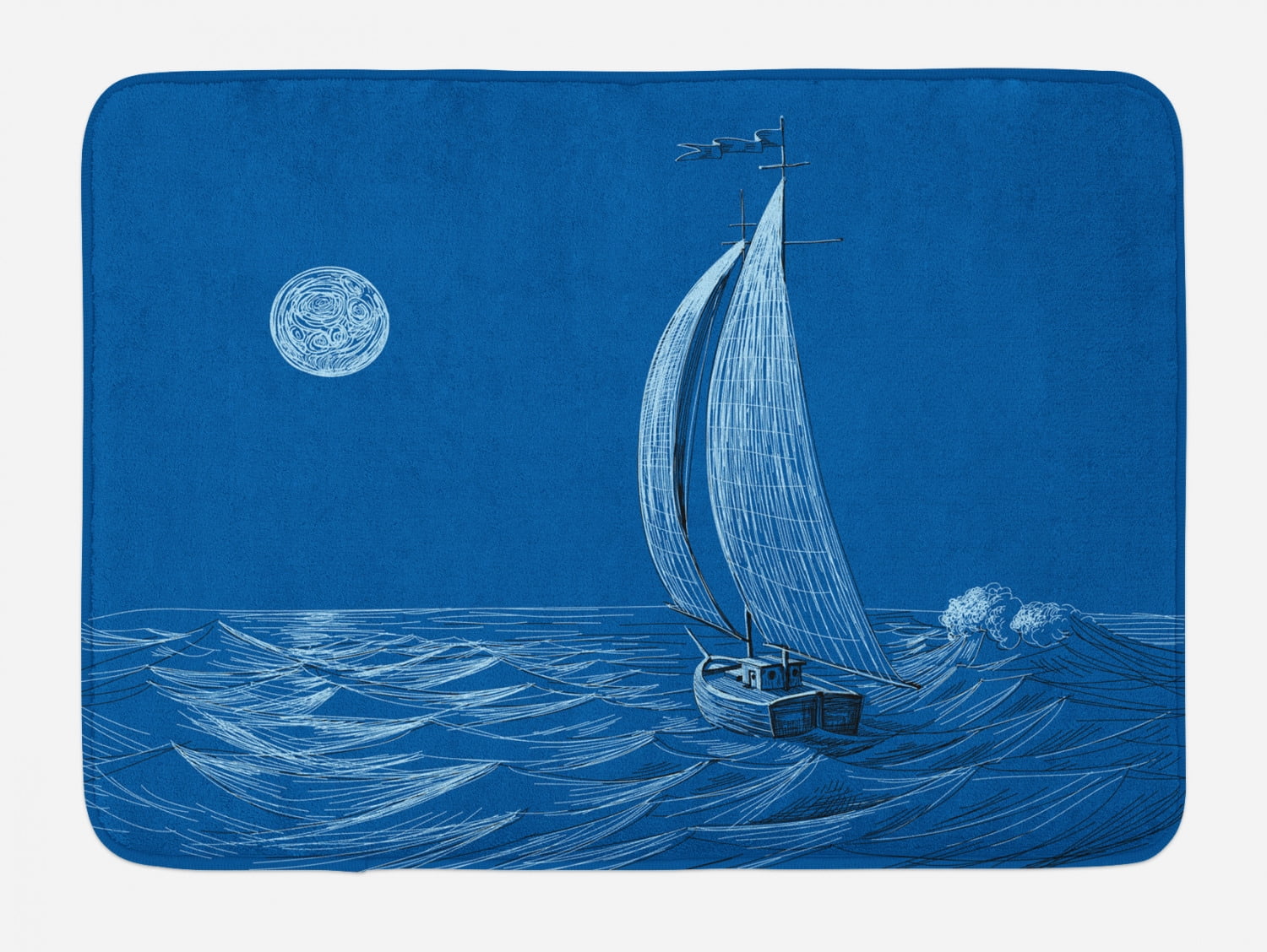 Vintage Boat Bath Mat, Ship Sailing to the Ocean Moonlight Wavy Misty ...