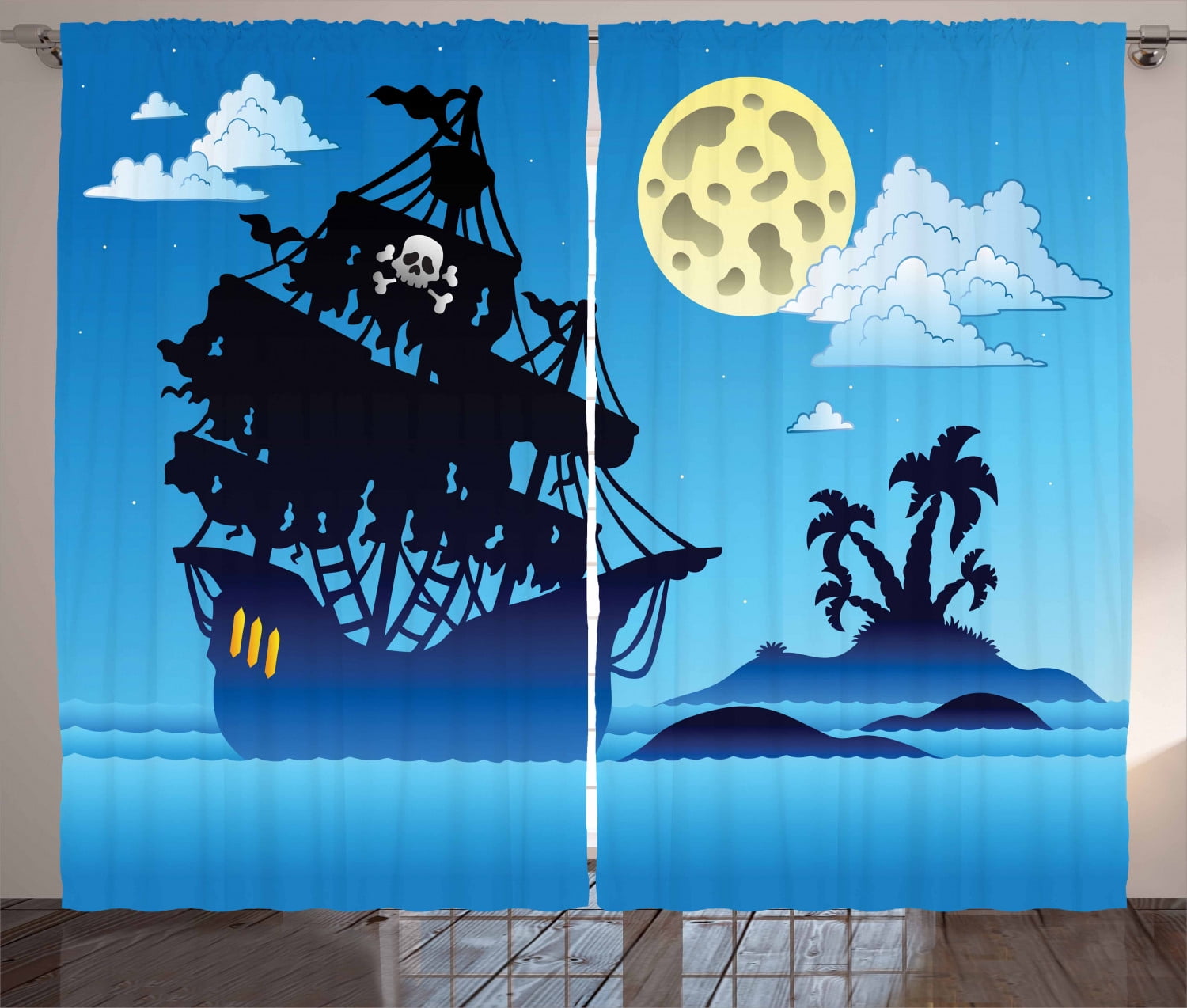 Ambesonne Vintage Boat Curtains 2 Panel Set, Pirate Ship Island, 108" x ...