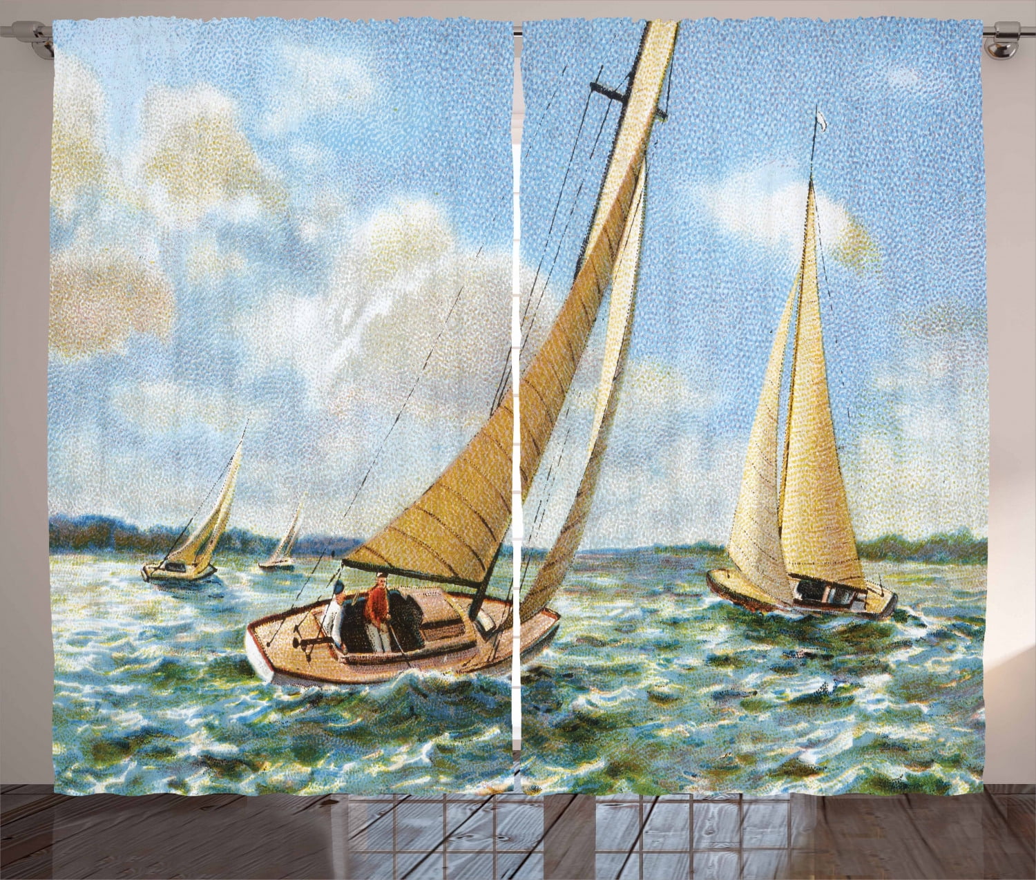 Ambesonne Vintage Boat Curtains 2 Panel Set, Sailing Wavy Sea, 108" x ...