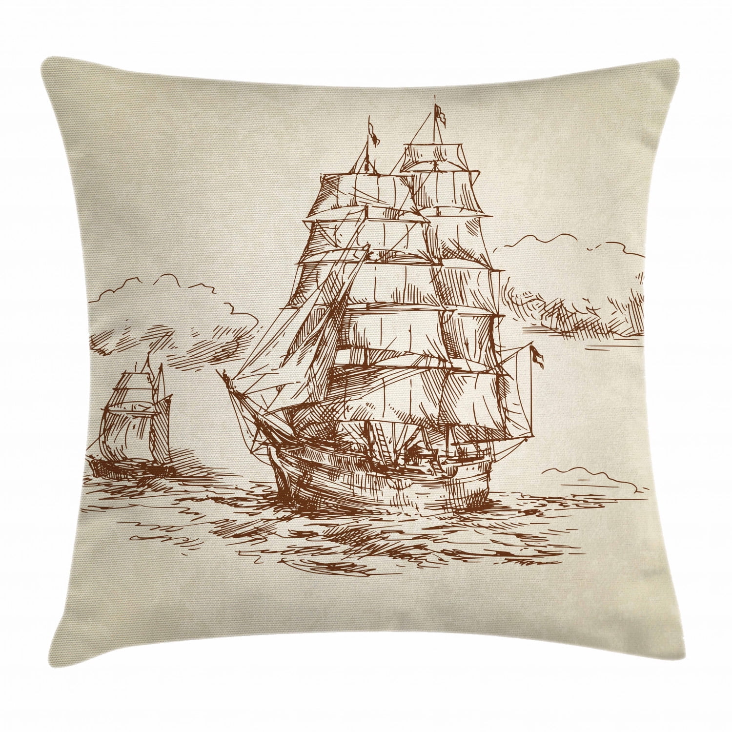 Vintage Boat Throw Pillow Cushion Cover, Historical Weathered Sketch ...