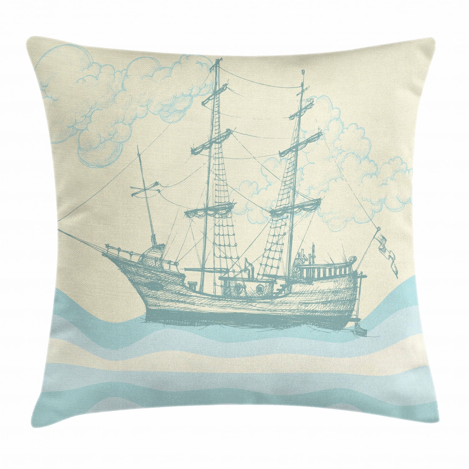 Vintage Boat Throw Pillow Cushion Cover, Soft Toned Old Boat Sailing in ...