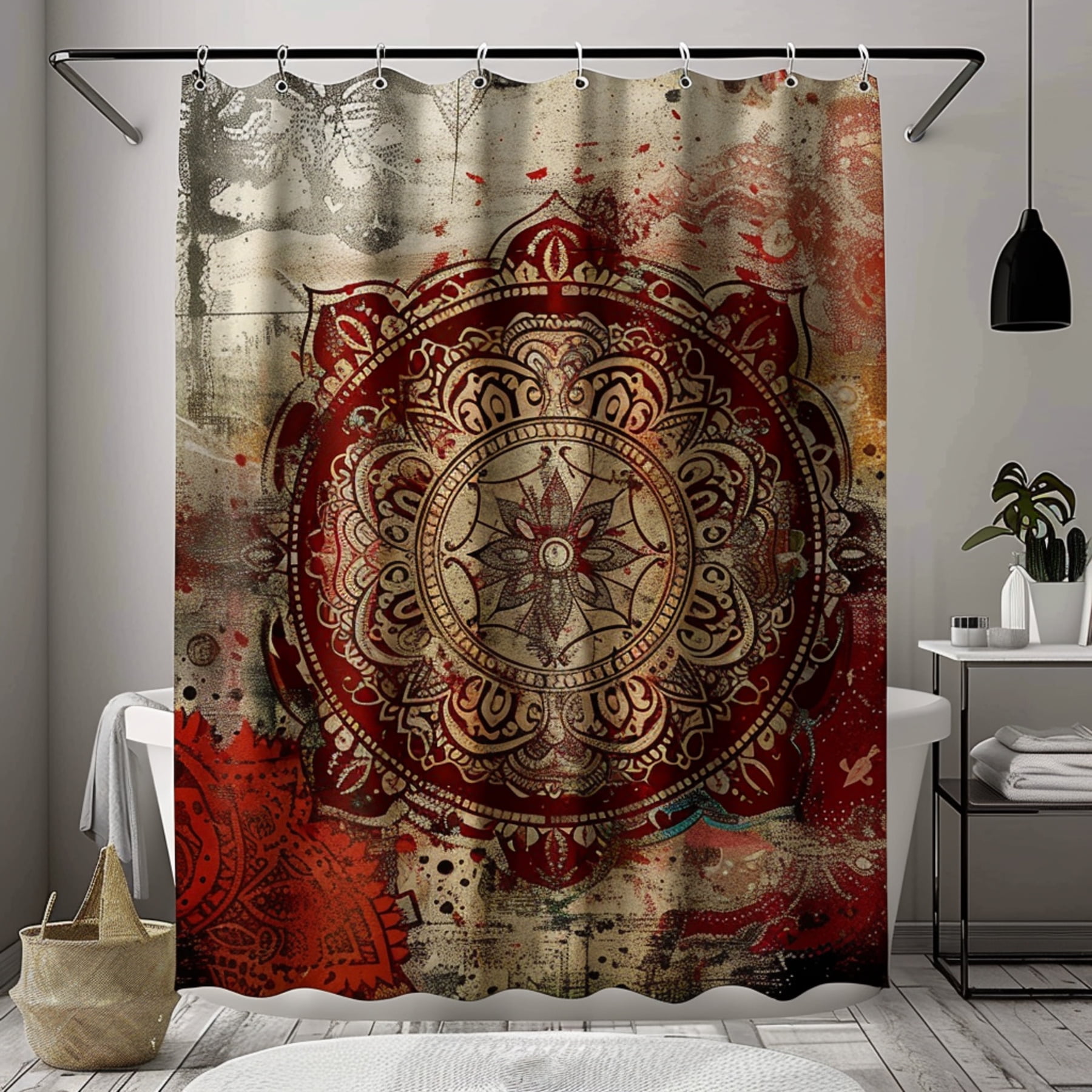 Vintage Bohemian Red And Brown Mandala Shower Curtain Shabby Chic Boho