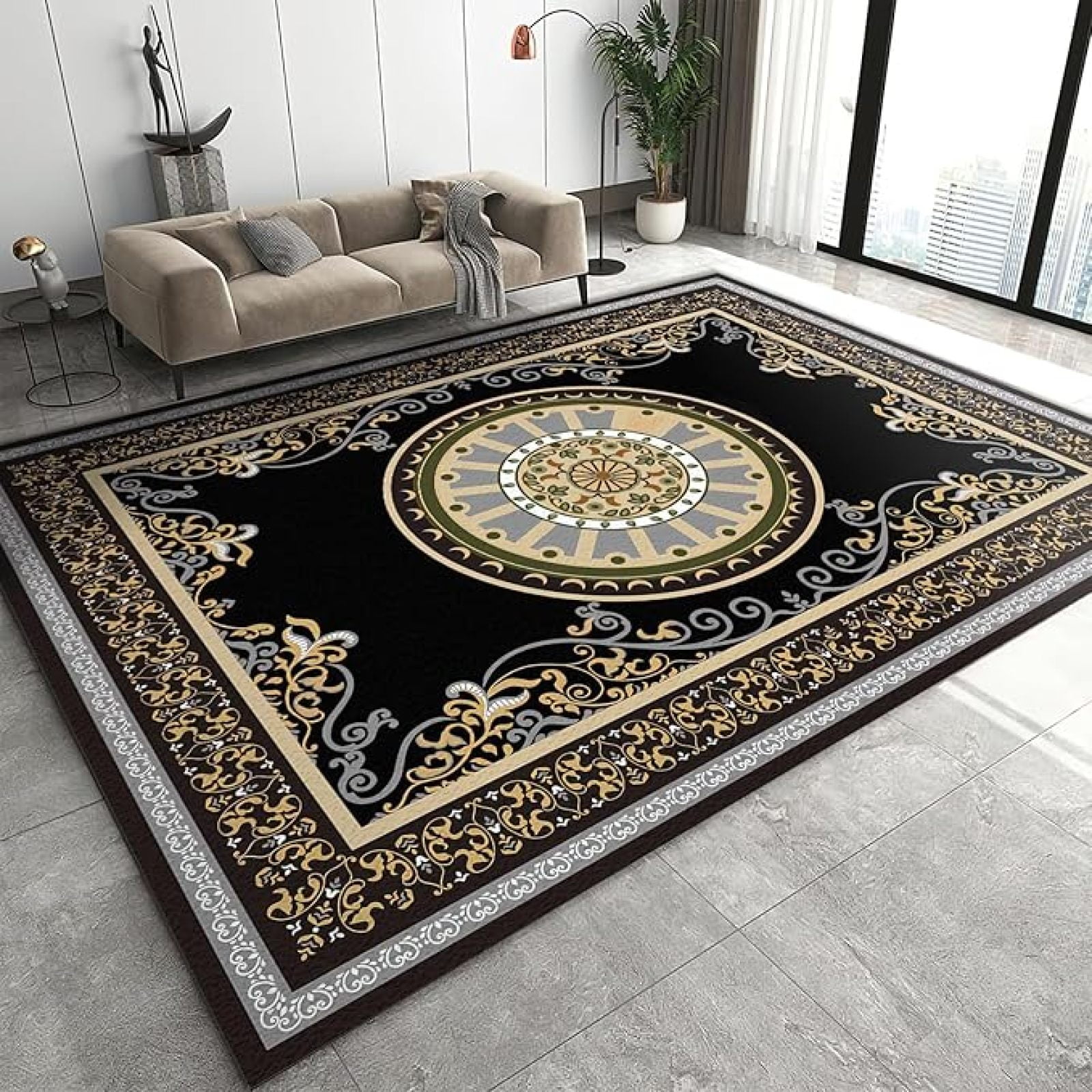 Vintage Boho Art Area Rug, Classical Black Gold Geometry Pattern Indoor ...