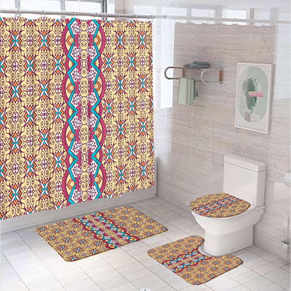 Vintage Boho Bathroom Sets Shower Curtain Rug Bath Mats Lid Toilet ...