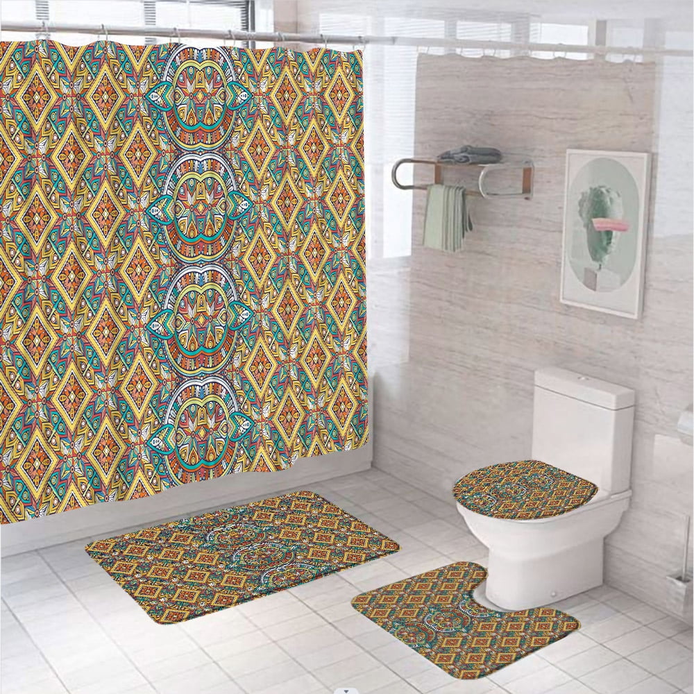 Vintage Boho Bathroom Sets Shower Curtain Rug Bath Mats Lid Toilet ...