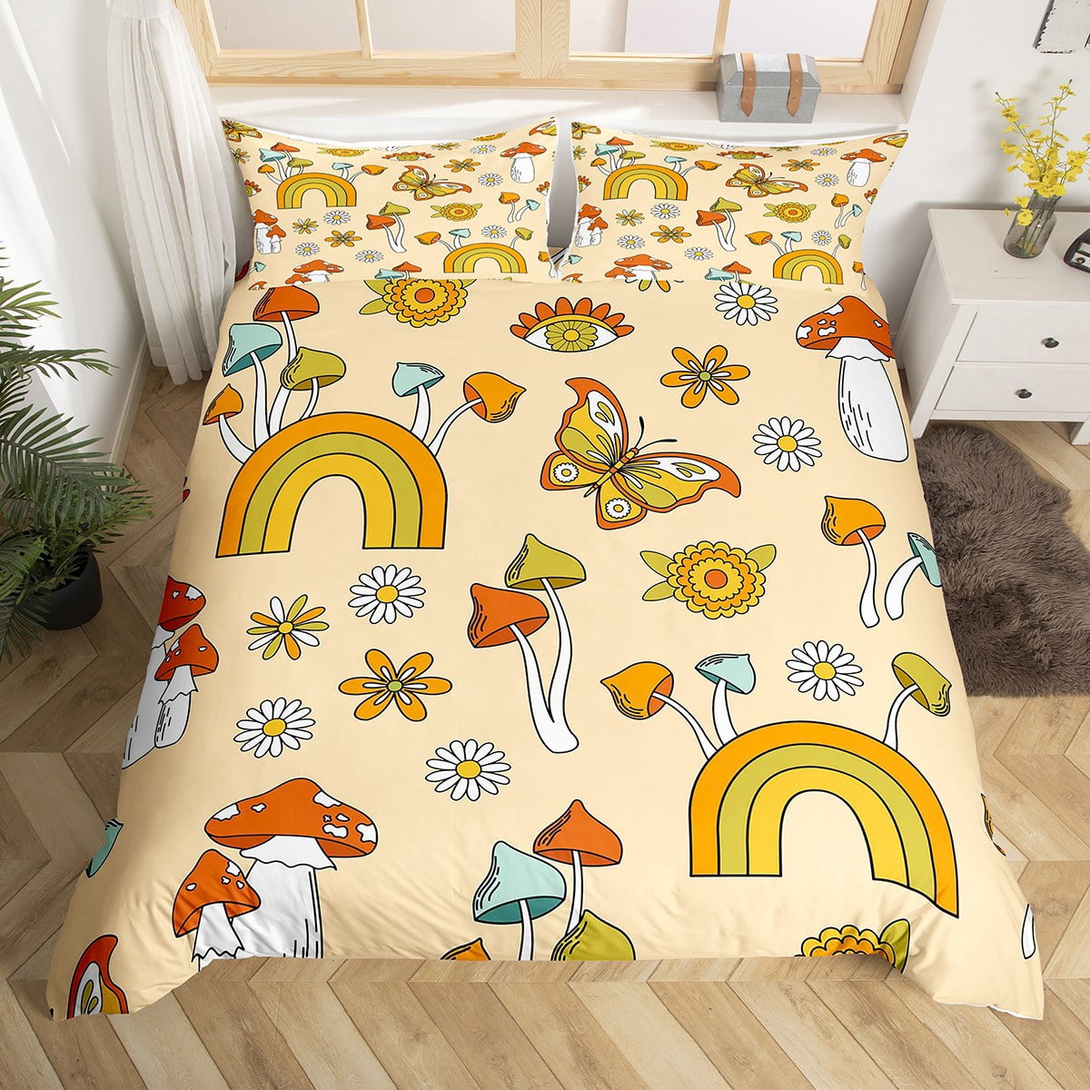 Vintage Boho Floral Comforter Cover Queen,Funky 1970S Swirls Flower ...