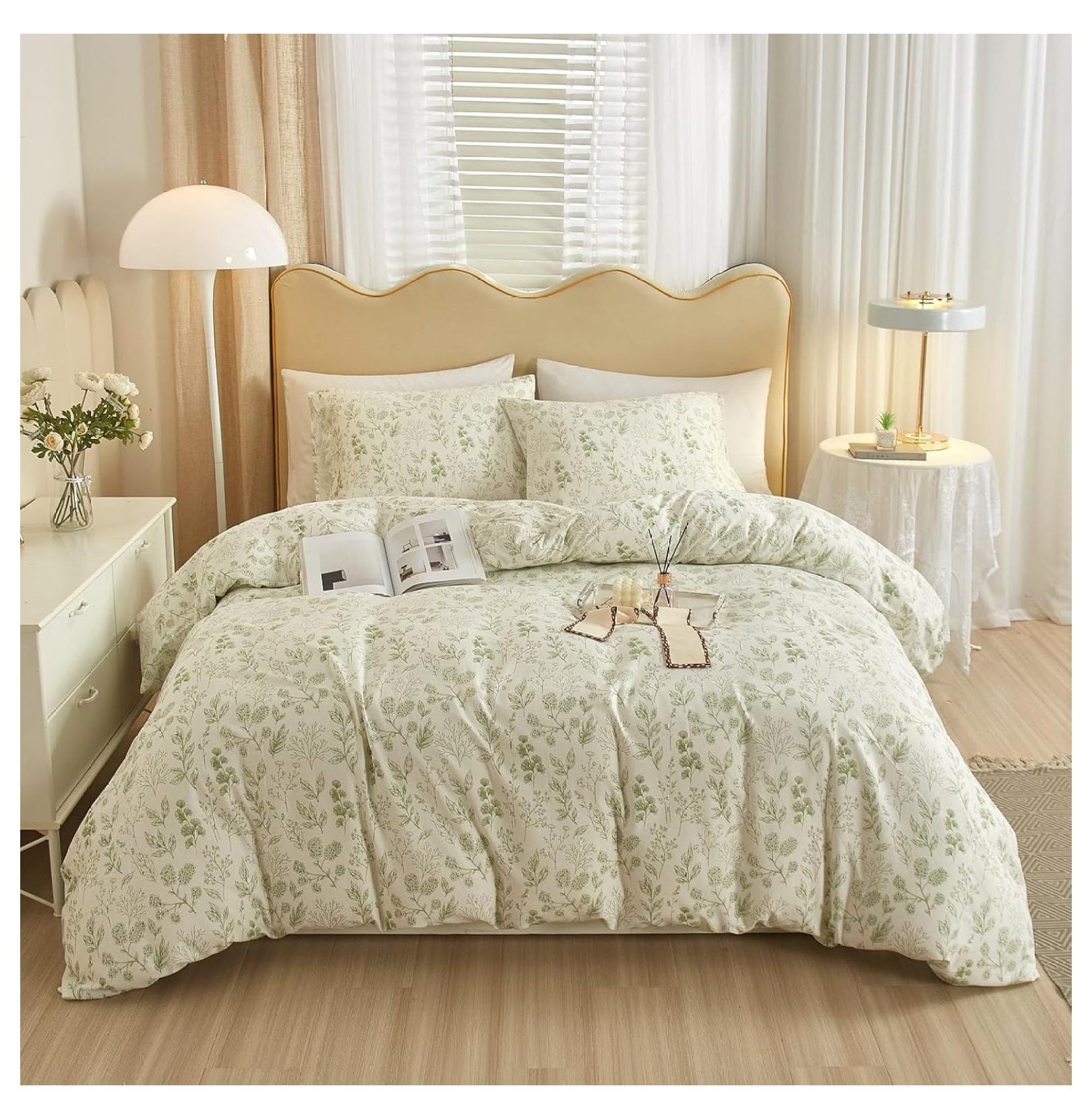 Vintage Boho Floral Duvet Cover King White Green Floral Print Bedding ...