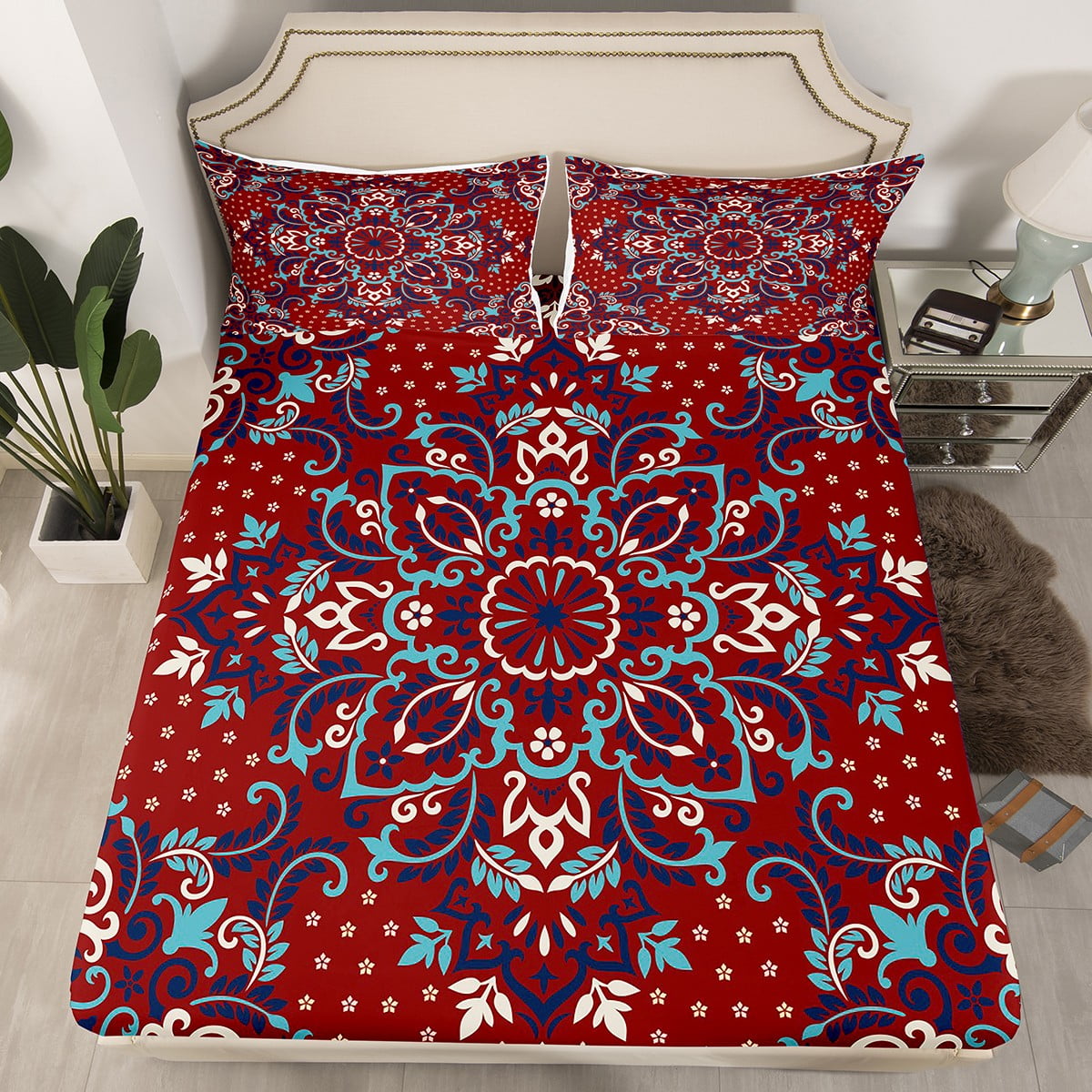 Vintage Boho Flower Fitted Sheet Queen Bohemian Paisley Bed Sheets ...