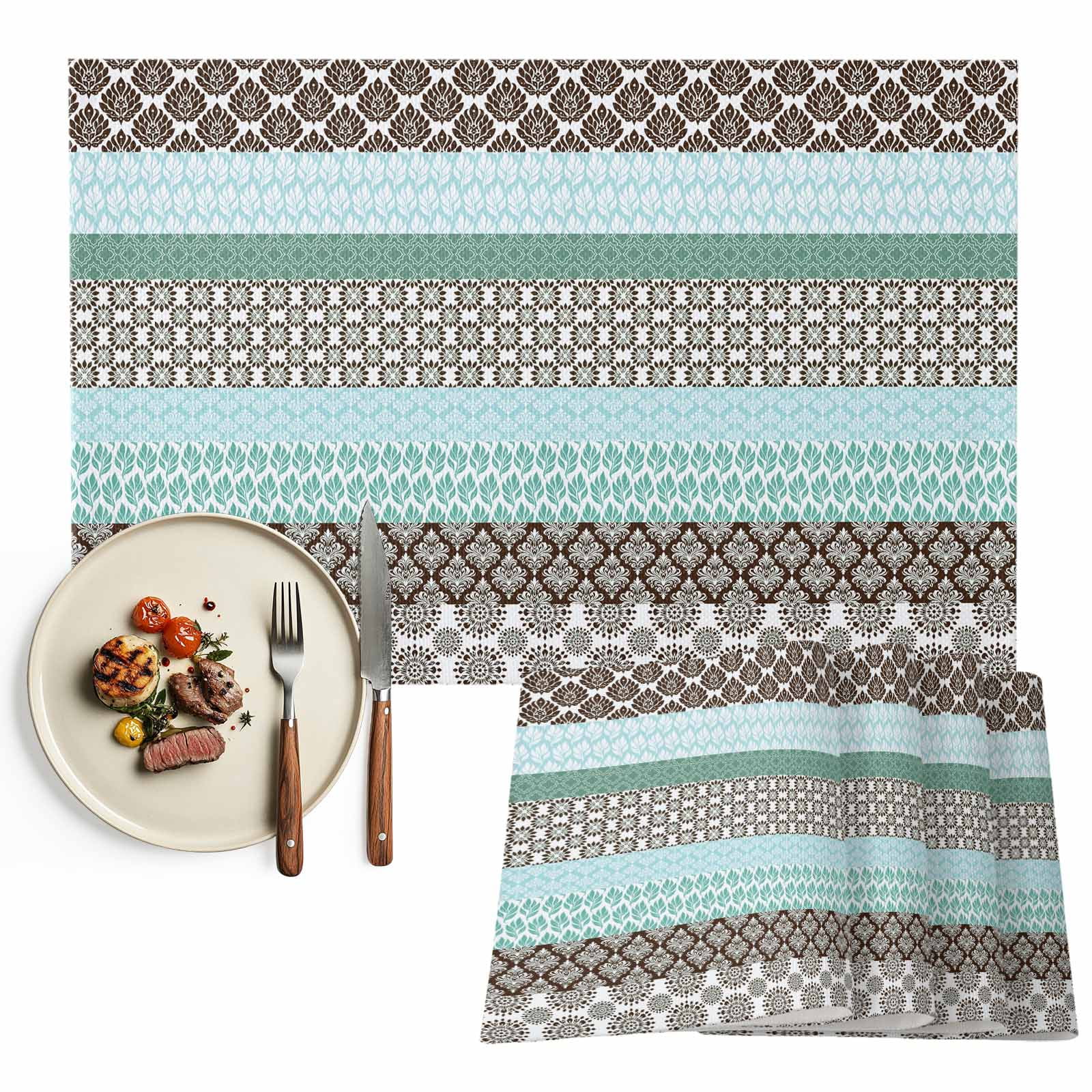 Vintage Boho Geometric Stripes Placemats Set of 8, Turquoise Table Mats ...