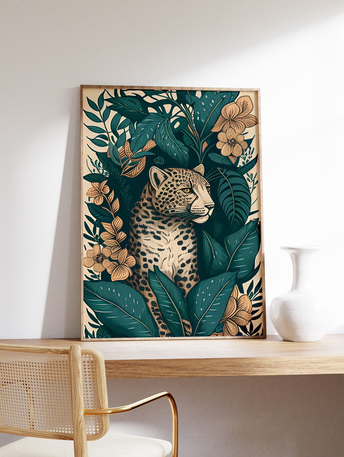 Vintage Boho Leopard Print, Floral Jungle Poster, Big Cat Decor, Animal ...