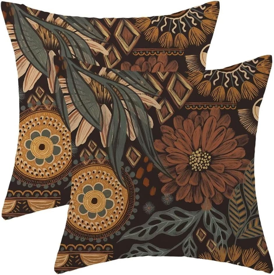 Vintage Boho Pillow Covers 18x18 Inch Set of 2, Brown Green Retro ...