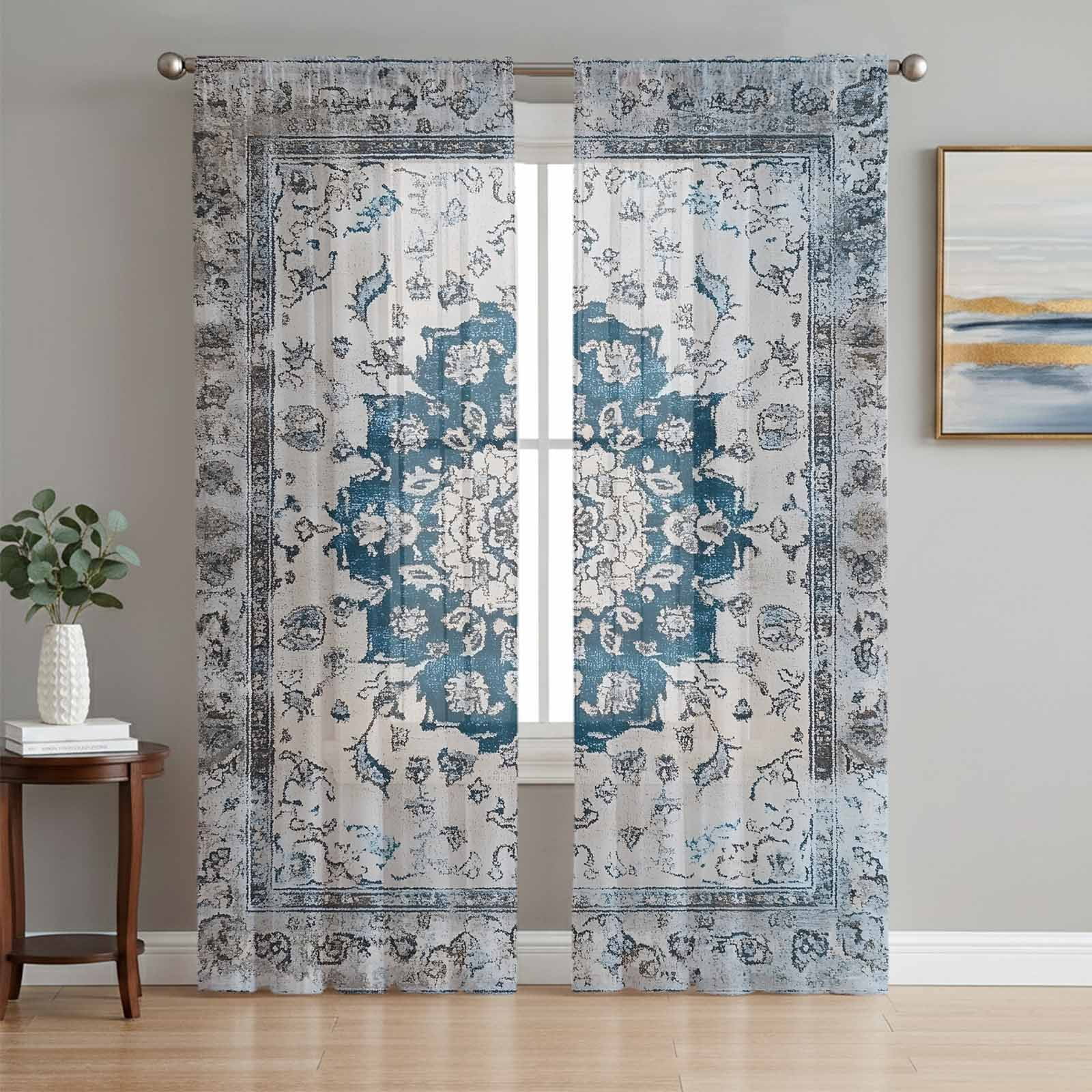 Vintage Boho Sheer Curtains 96 Inch Length 2 Panels Set, Retro National ...