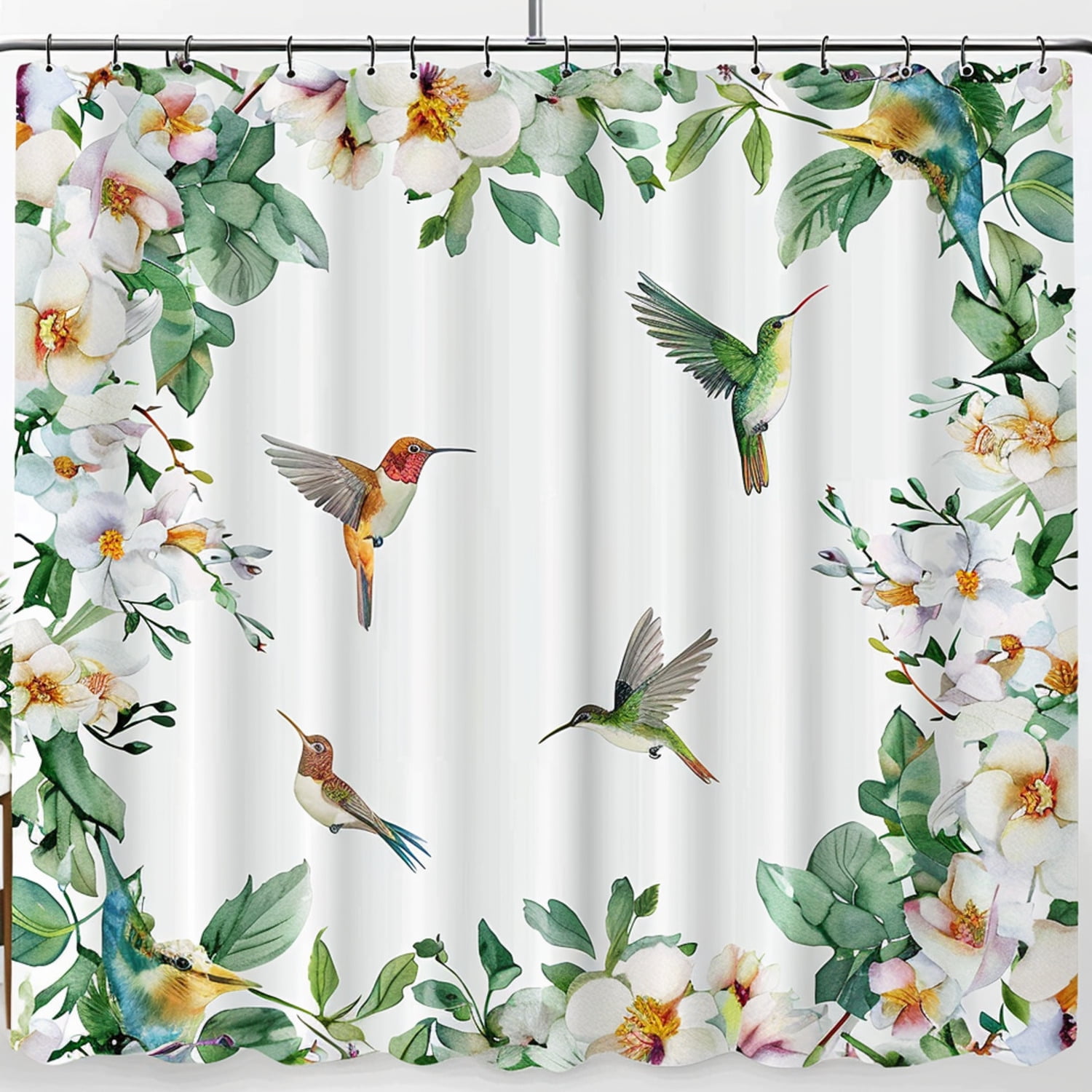 Vintage Boho Watercolor Floral Hummingbird Shower Curtain Pastel