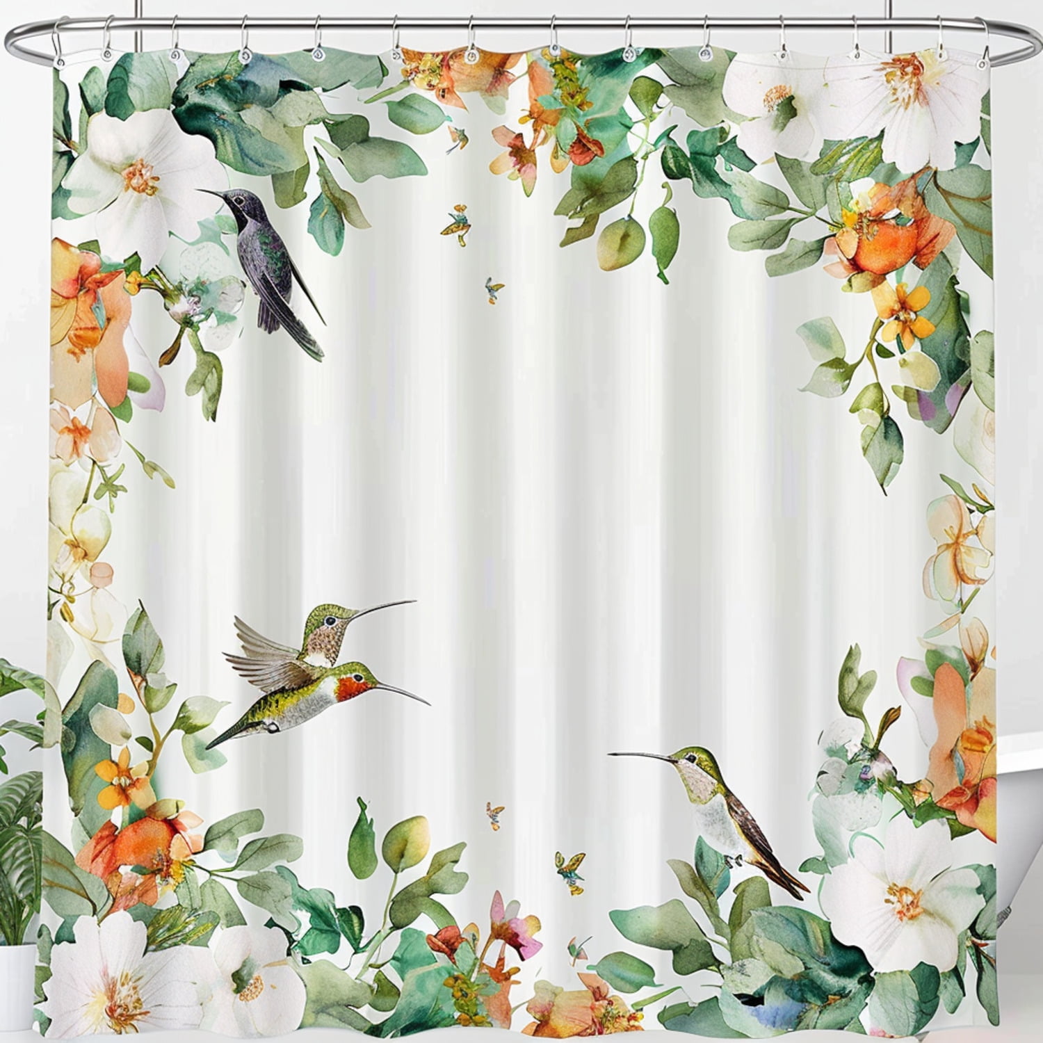 Vintage Boho Watercolor Floral Hummingbird Shower Curtain Soft Pastel