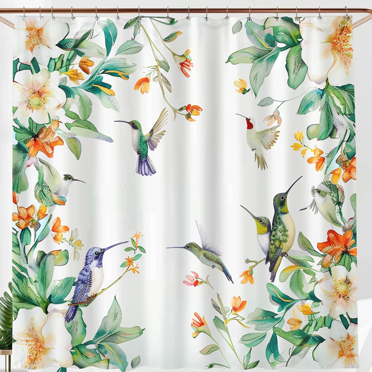 Vintage Boho Watercolor Floral Shower Curtain With Hummingbirds Pastel
