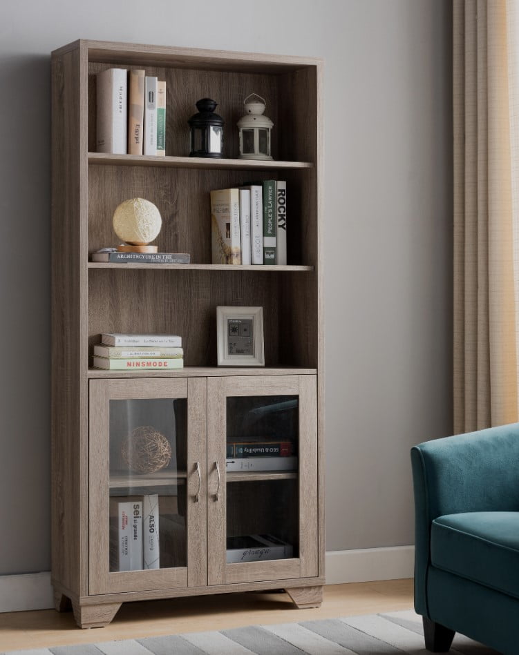 Vintage Book Cabinet, Storage Cabinet Five Shelves with Two Transparent ...