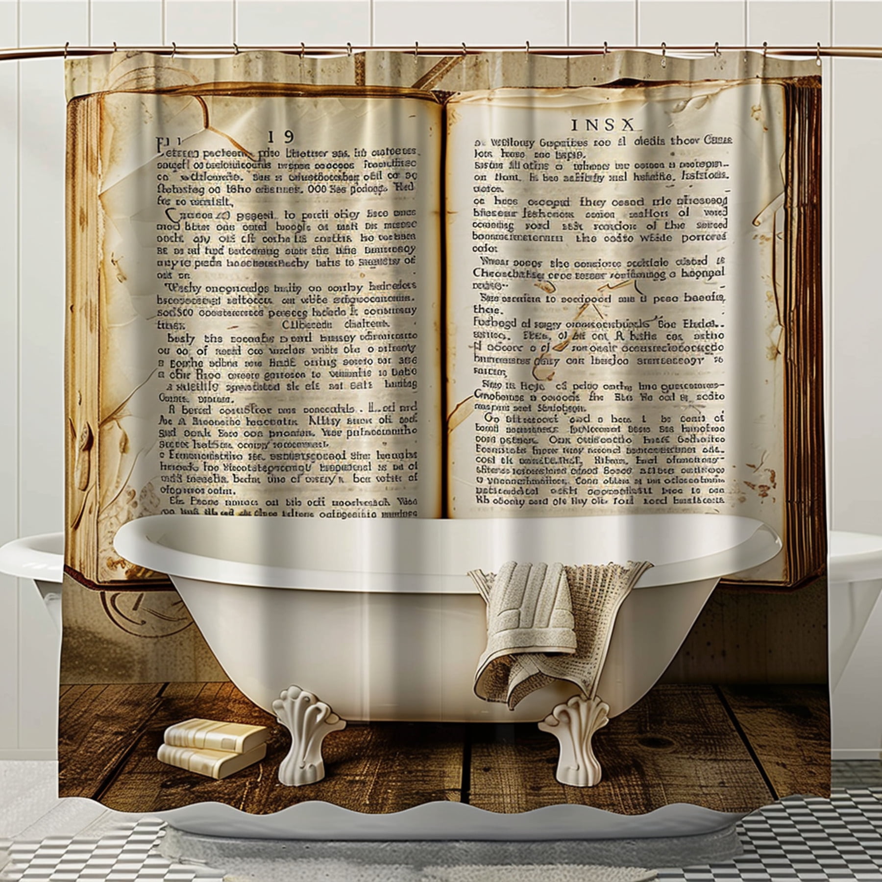 Vintage Book Design Shower Curtain with Leonardo da Vinci Style Text ...