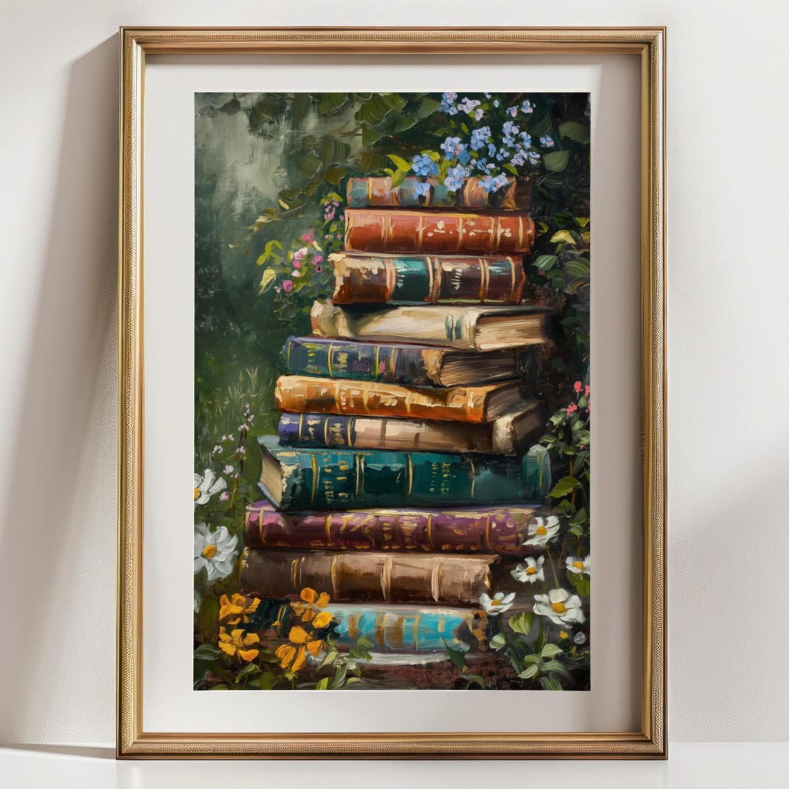 Vintage Book Stack Art Print – Floral Botanical Library Wall Decor ...