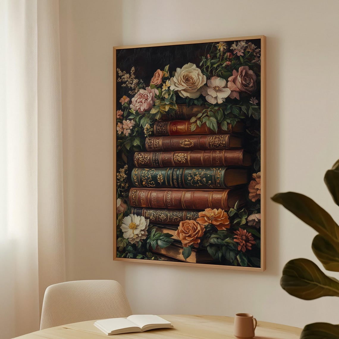 Vintage Book Stack With Floral Art Print – Dark Academia Wall Decor ...