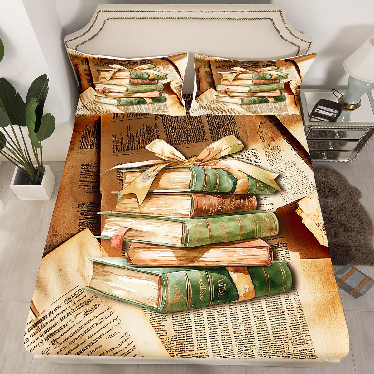 Vintage Books Bedding Set Twin Size Watercolor Bow-tie Magical Books ...
