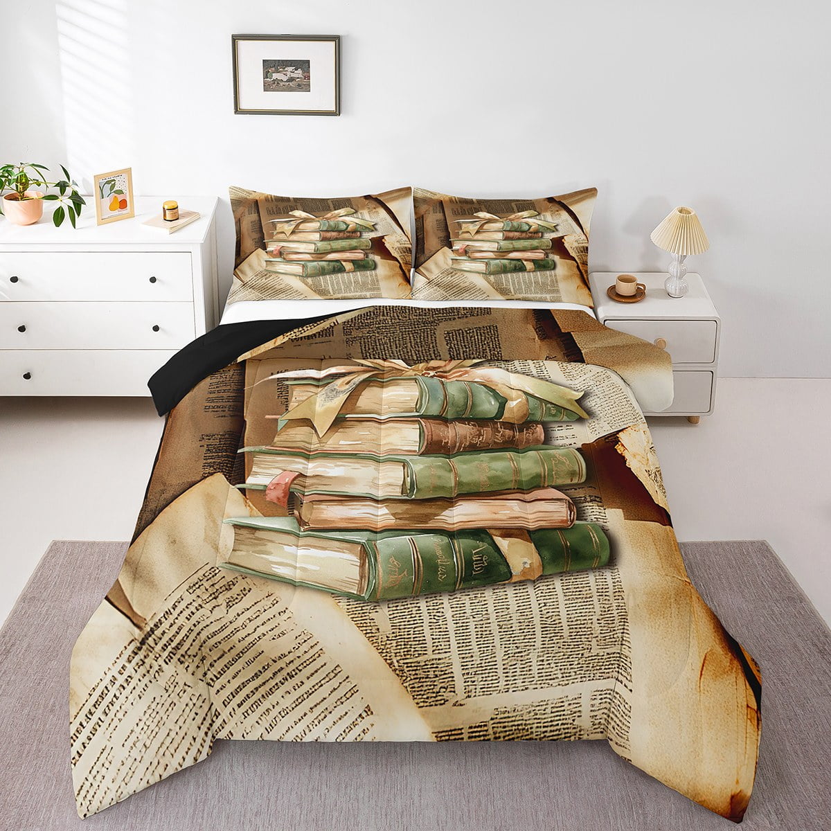 Vintage Books Comforter Set Twin Size,Watercolor Bow-tie Magical Books ...