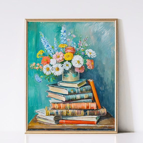 Vintage Books Print: Cottagecore Floral Wall Art UNFRAMED PAPER POSTER ...