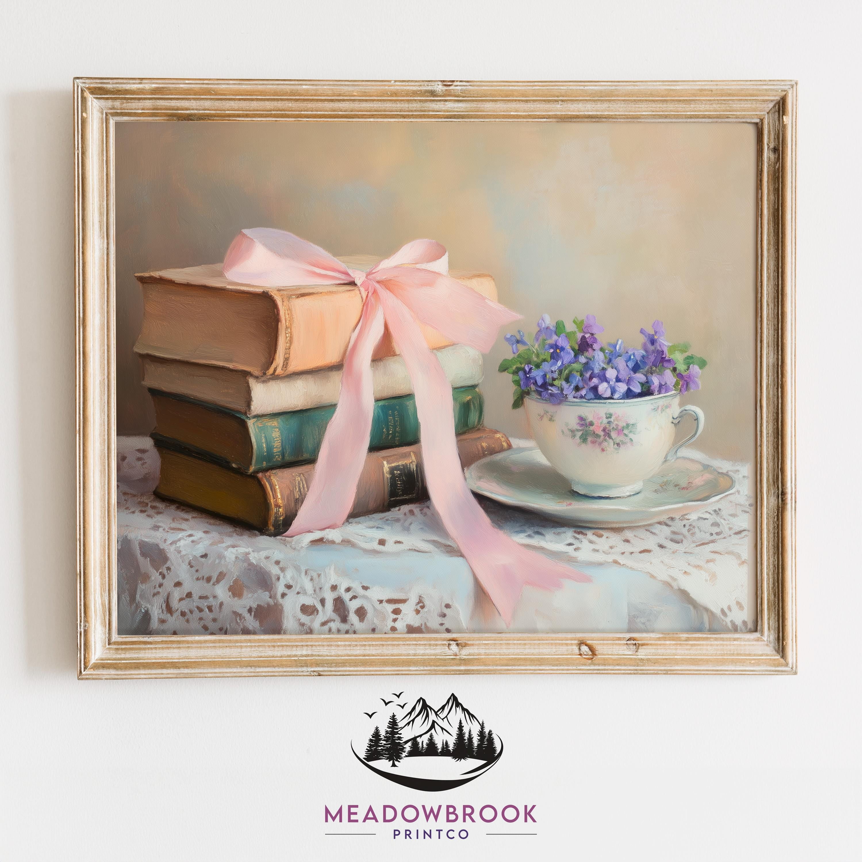 Vintage Books And Tea Printable, Cozy Spring Wall Art, Cottagecore Tea ...