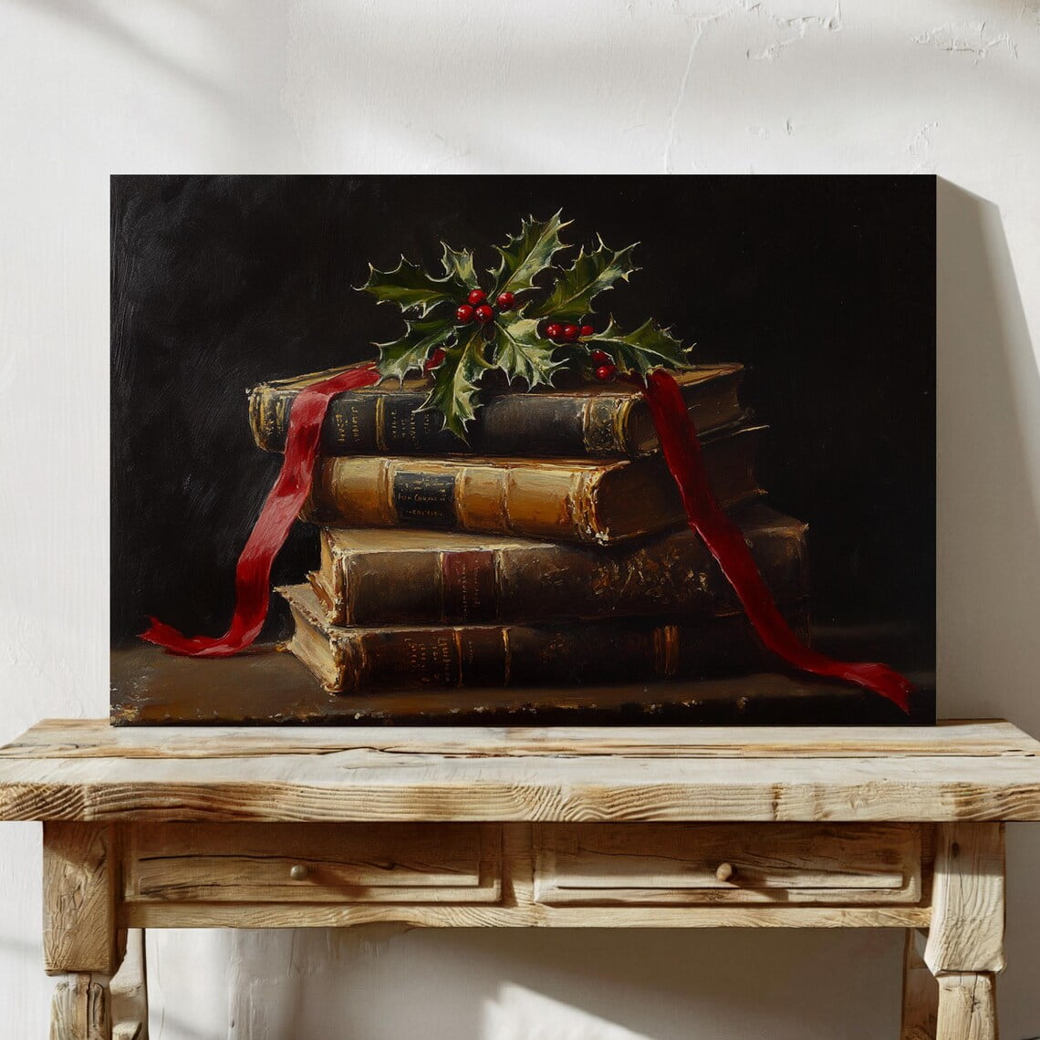 Vintage Books Wall Art, Holly And Ribbon Still Life Print, Antique Book ...