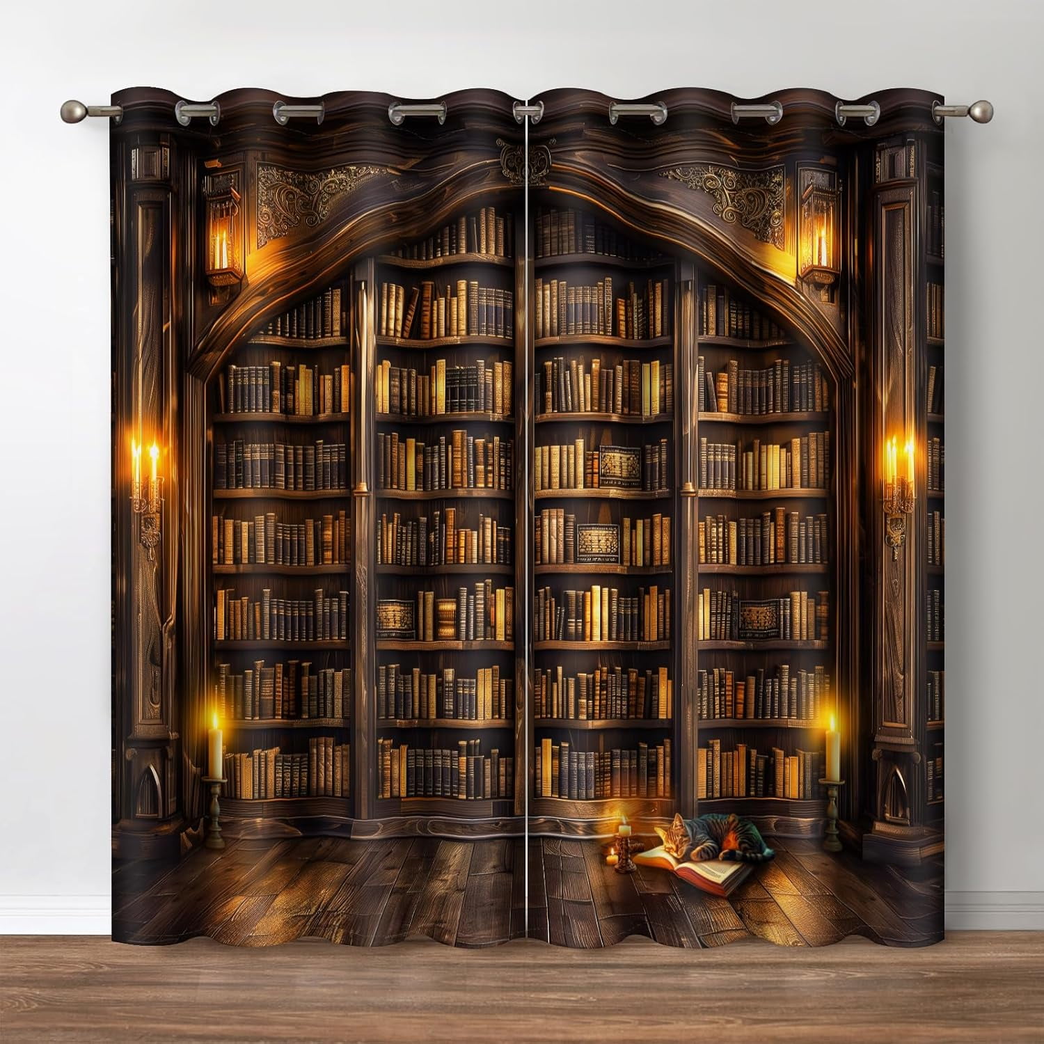 Vintage Bookshelf Blackout Curtains Library Books Bookcase Cat Candle ...