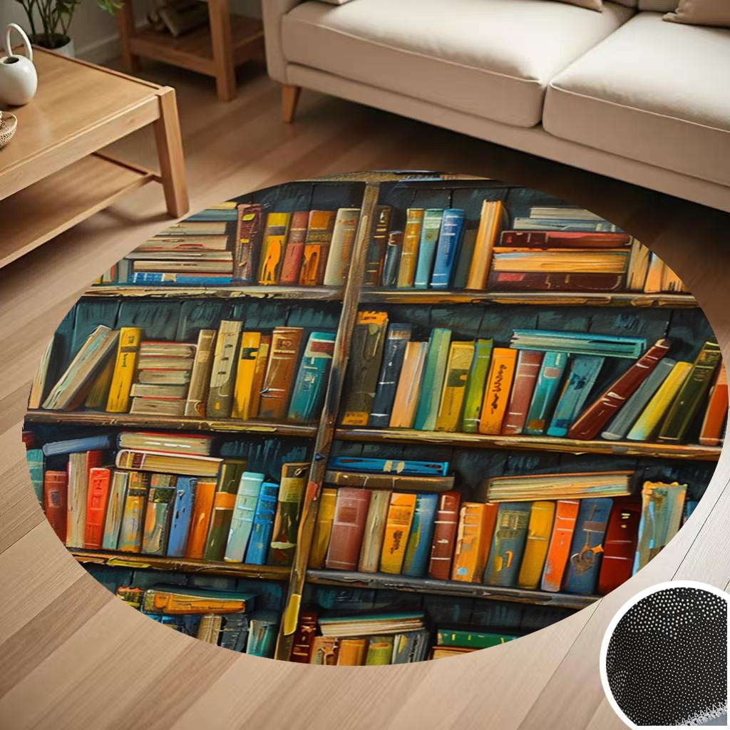 Vintage Bookshelf Books Art Round Carpet Living Room Bedroom Home ...