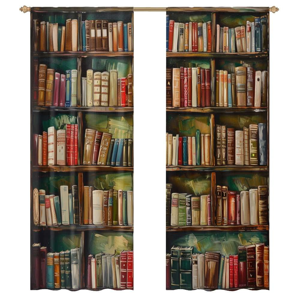Vintage Bookshelf Books Library Modern Tulle Window Curtains for Living ...