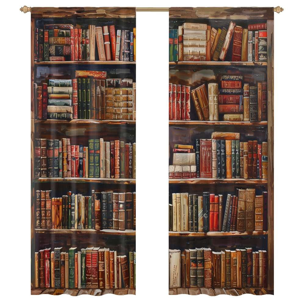 Vintage Bookshelf Books Library Modern Tulle Window Curtains for Living ...