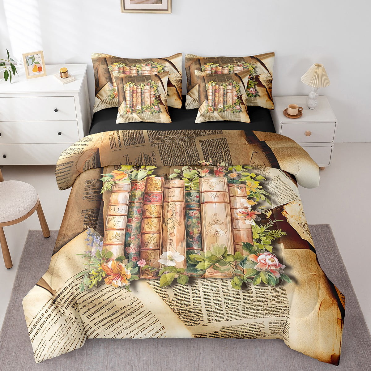 Vintage Bookshelf Comforter Set Queen,Floral Magical Books Watercolor ...