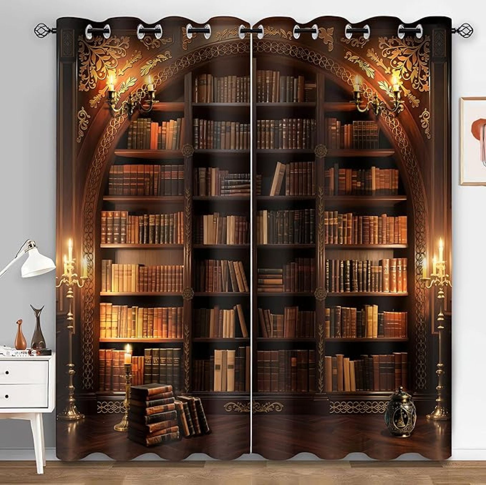 Vintage Bookshelf Curtains Old Library Books Bookcase Blackout Curtains ...