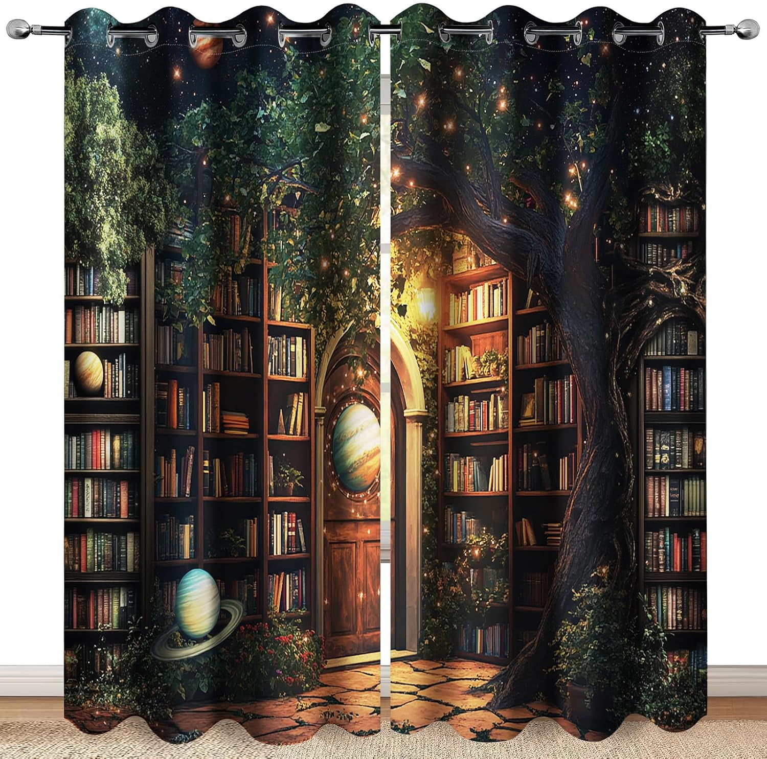 Vintage Bookshelf Galaxy Blackout Curtains Book Bookcase Tree Flowers ...