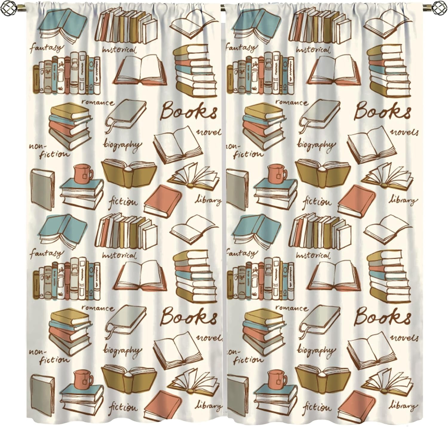 Vintage Bookshelf Kids Curtains, Watercolor Library Learning Education ...