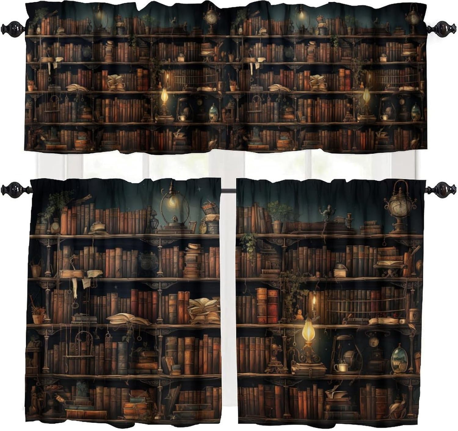 Vintage Bookshelf Kitchen Valance Curtain Set 3 Pcs,3D Design Bookshelf ...