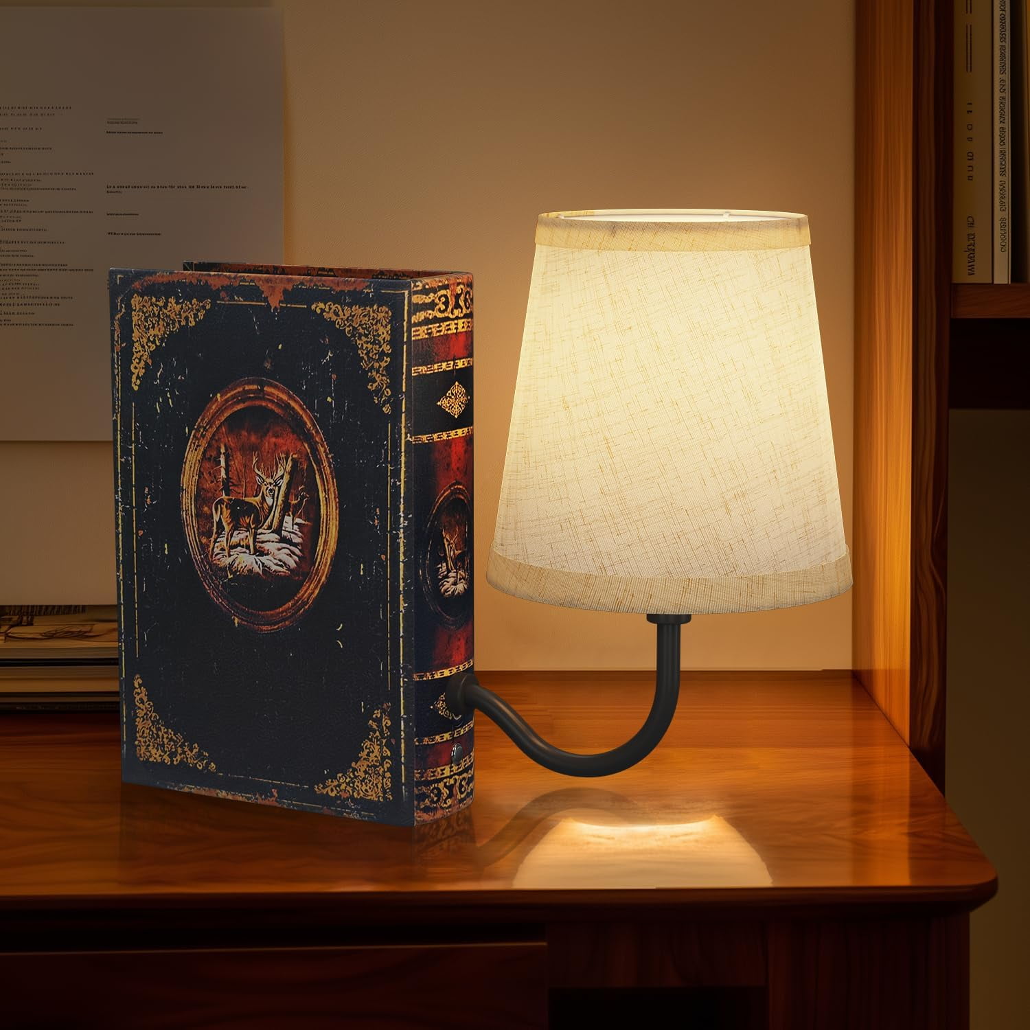 Vintage Bookshelf Lamp Rechargeable, Cordless Book Lamp with Linen ...