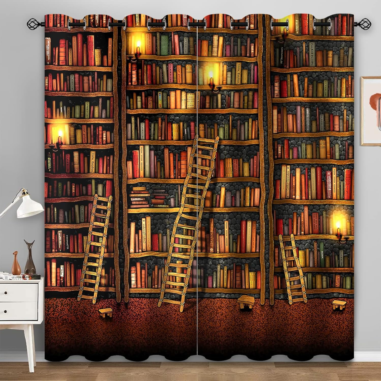 Vintage Bookshelf Library Book Curtains for Bedroom Living Room Drapes ...
