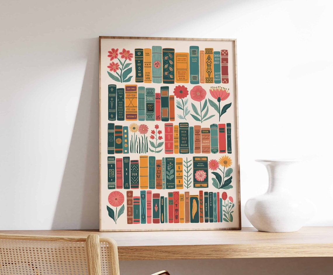 Vintage Bookshelf Poster Floral Library Art Reading Room Decor Art ...