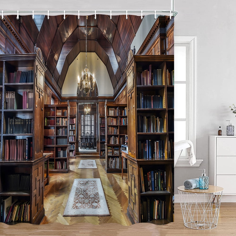 Vintage Bookshelf Shower Curtains Retro Library European Style ...