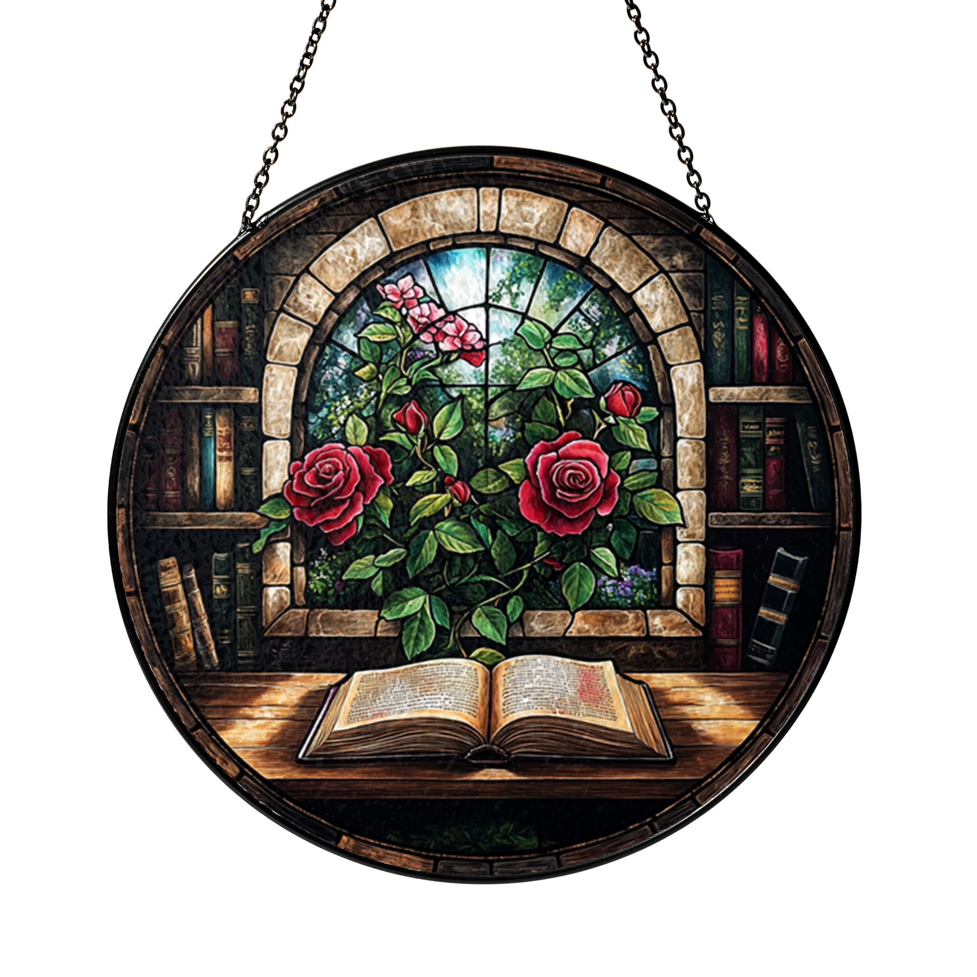 Vintage Bookshelf Stained Glass Suncatcher – Open Book and Roses Window ...