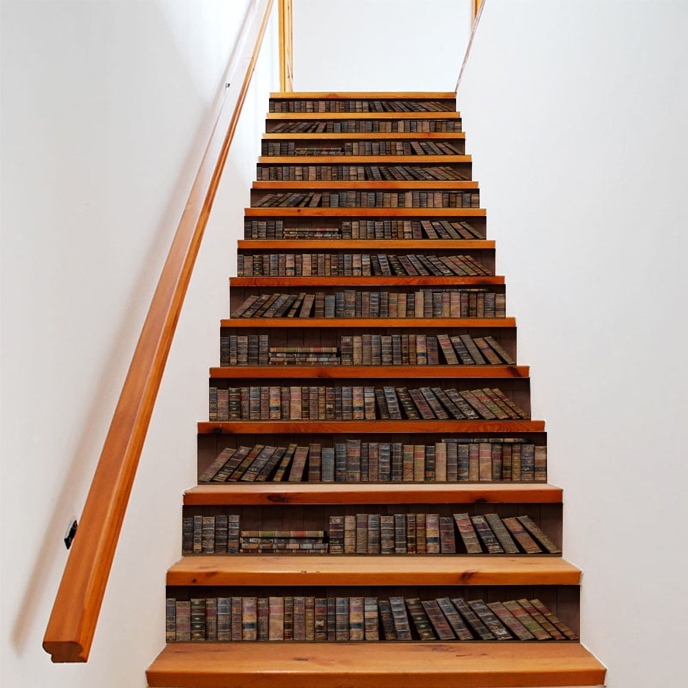Vintage Bookshelf Stair Stickers Retro Library Staircase Riser Decals ...