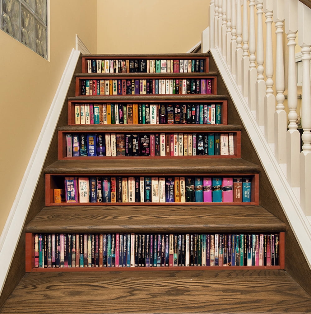 Vintage Bookshelf Stair Stickers Retro Library Staircase Riser Decals ...