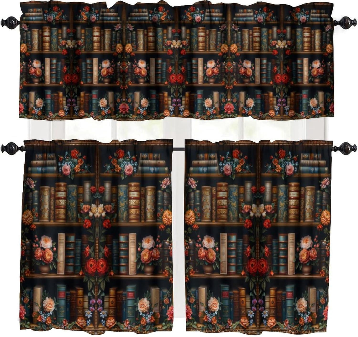 Vintage Bookshelf Valances Set for Dining Room,Modern Art Floral Rose ...