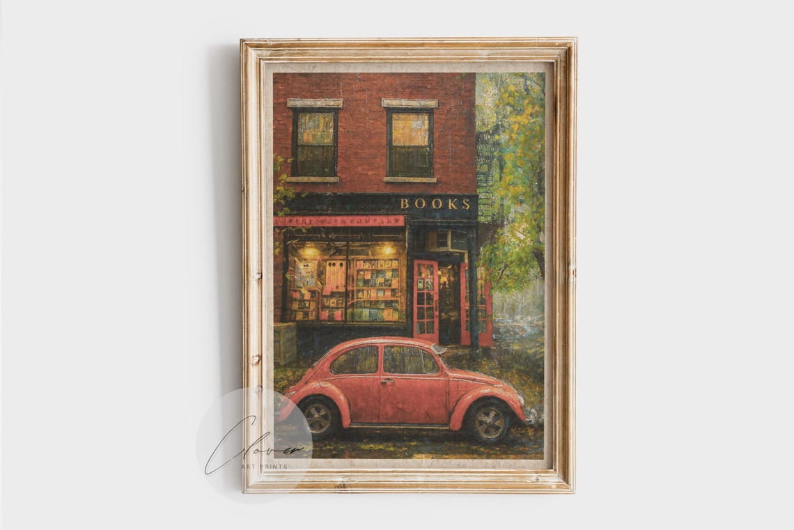 Vintage Bookstore Art Print With Red Car, Cozy Bookshop Wall Decor ...