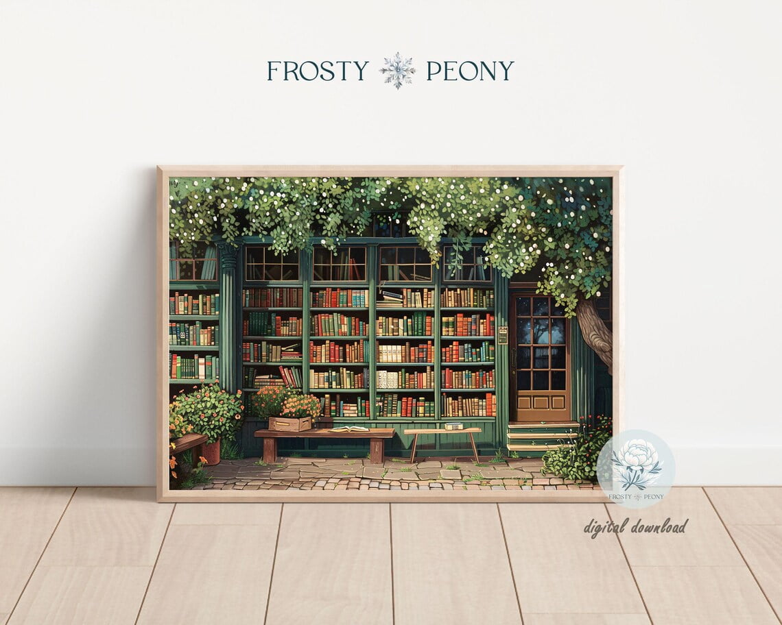 Vintage Bookstore Scene Art Print, Charming Bookstore Art Print, Cozy ...